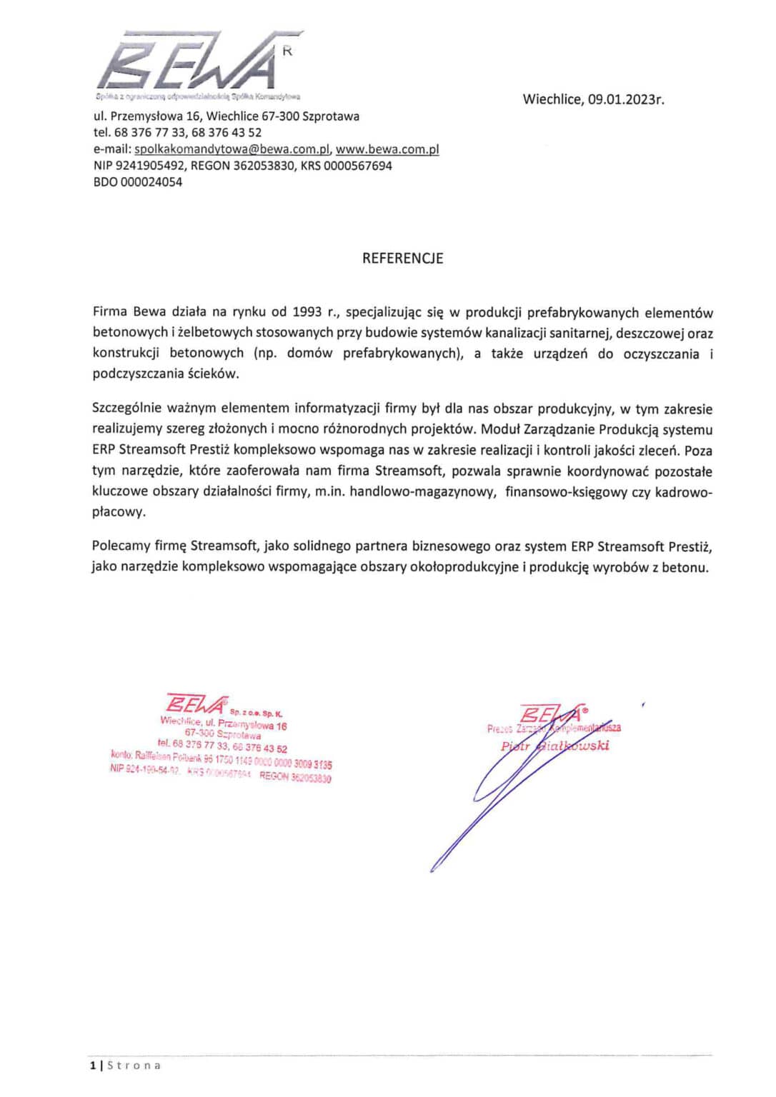 Bewa Sp. z o.o. - wdrożenie systemu Streamsoft Prestiż
