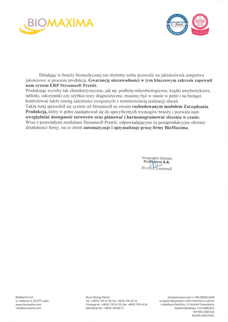 BioMaxima - wdrożenie systemu Streamsoft Prestiż :: Streamsoft